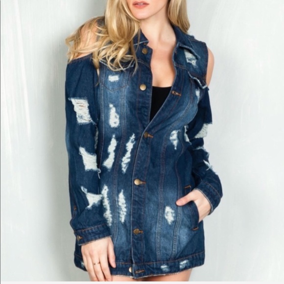 Jackets & Coats | Dark Denim Cold Shoulder Slashed Back Jean Jacket ...